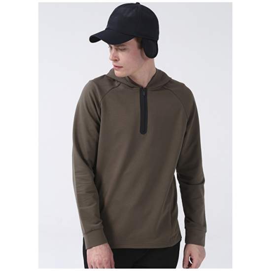 Factory Hooded Collar Plain Khaki Men's Sweatshirt AMAUD