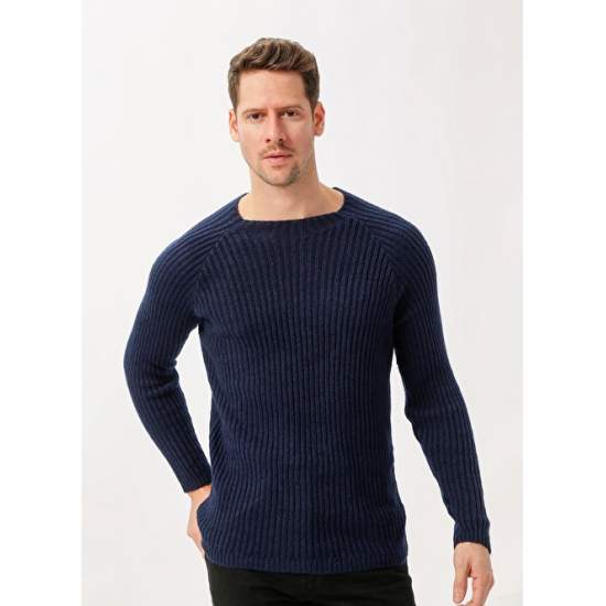 Factory O Neck Plain Navy Blue Men's Sweater FENZO