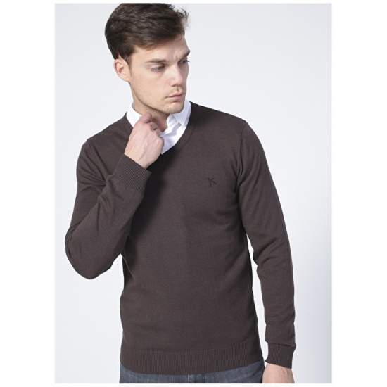 Factory V Neck Basic Plain Brown Melange Men's Sweater