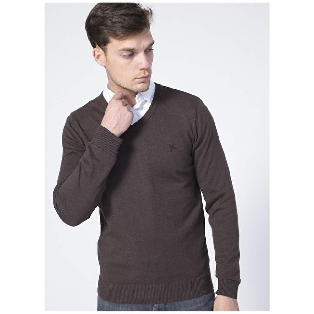 Factory V Neck Basic Plain Brown Melange Men's Sweater