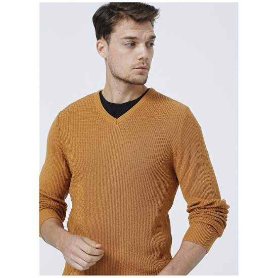 Factory V-Neck Basic Camel Hair Men's Sweater - BUTTON-Y