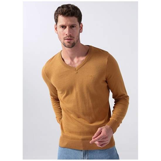 Factory V Neck Plain Camel Hair Men's Sweater CARLO-I