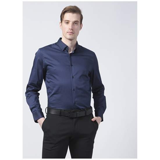 Factory Satin Basic Plain Navy Blue Men's Shirt