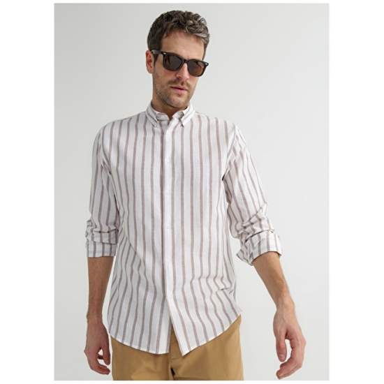 Factory Shirt Collar Striped Light Brown Men's Shirt DUTY