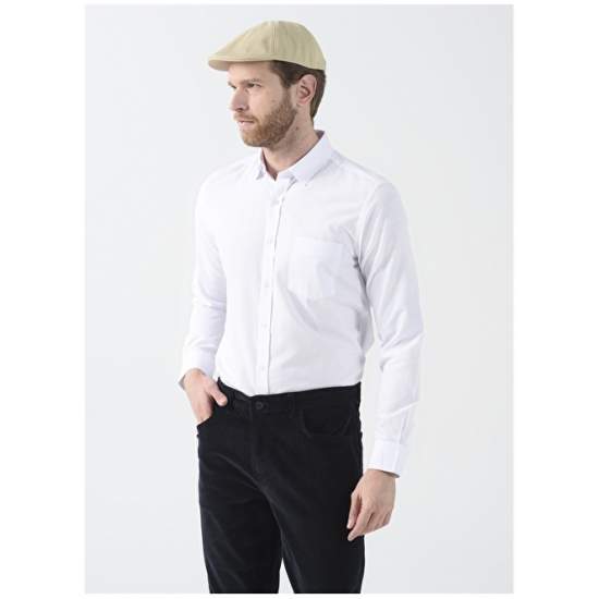 Factory Buttoned Collar Dobby White Men's Shirt MAYDOS 12 POCKET AD