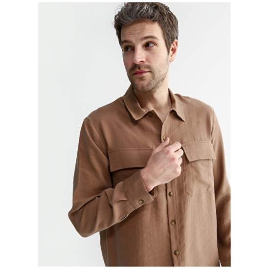 Factory Basic Jacket Collar Plain Brown Men's Shirt YOKAS