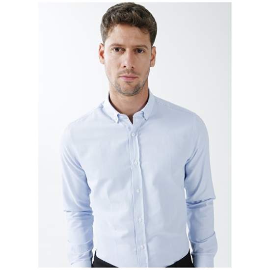 Factory Buttoned Collar Dobby Blue Men's Shirt MAYDOS 2 UD WITHOUT POCKETS