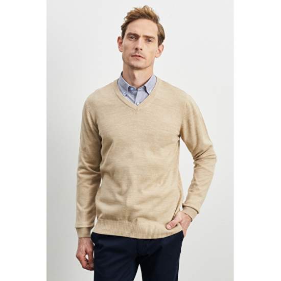 Altınyıldız Classics V-Neck Beige Men's Sweater 4A4923100002