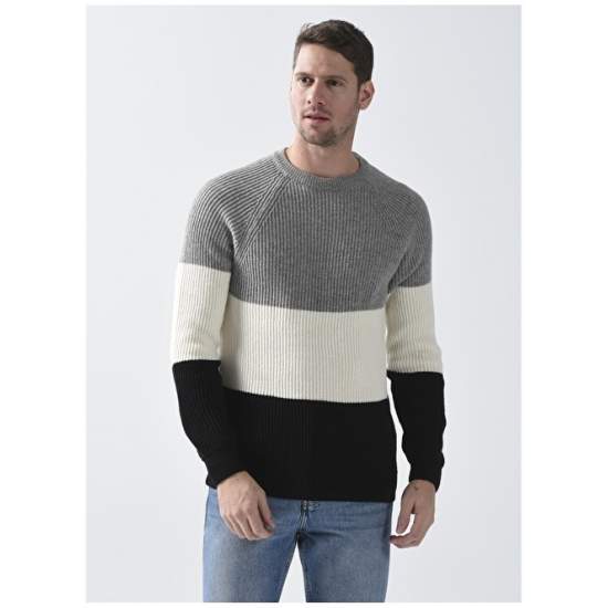 Factory O Neck Striped Gray - Black Men's Sweater WIM
