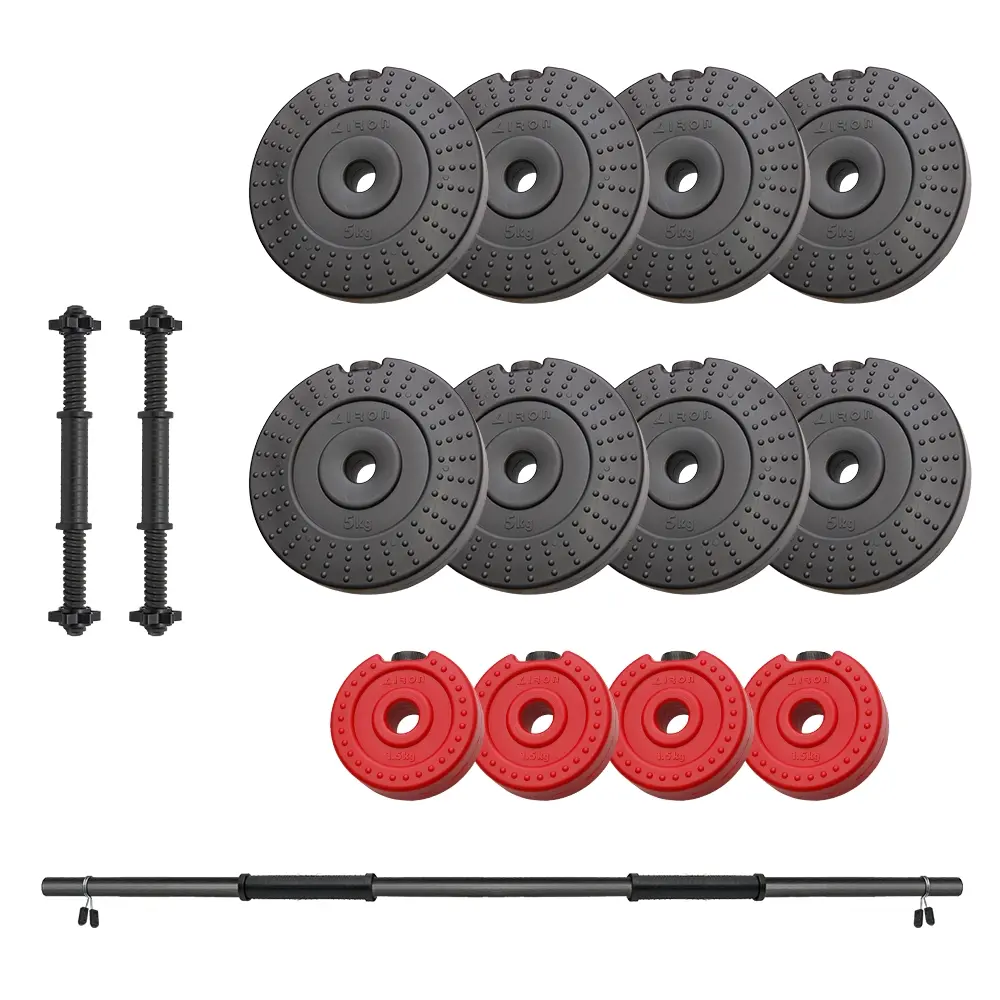 IRON SPORT Set od 12 tegova, ukupno 46 kg i 2+1 šipka crno-crveni