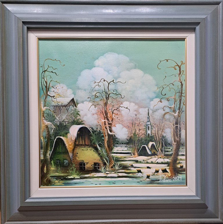 Zima na salašu, Adam Mezin, ulje na platnu, sa 61×61 cm, bez 40×40 cm, sertifikat, 300 eura