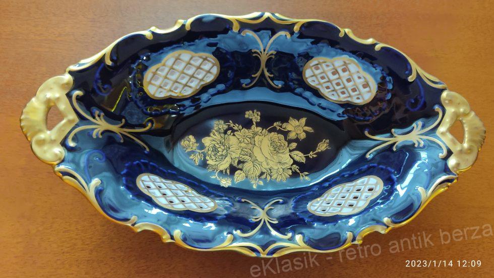 Činija porcelan Bohemian Pirken-Hammer, ovalna, kobalt, pozlata