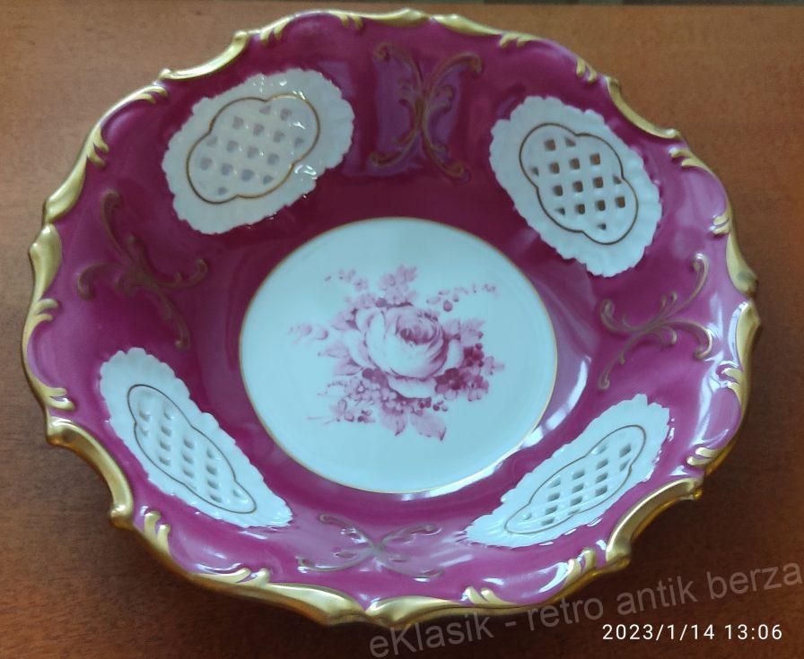 Činija porcelan Bohemian Pirken-Hammer , kružna, roze, pozlata