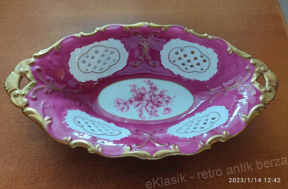 Činija porcelan Bohemian Pirken Hammer ovalna , roze , pozlata