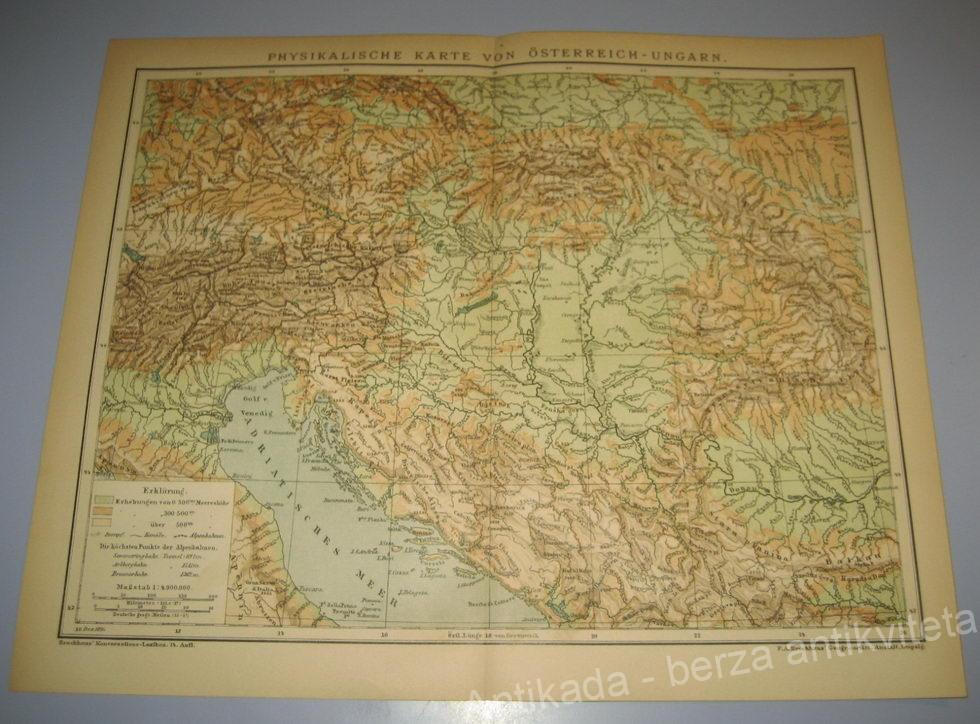 Geografska karta Austrougarske 1898 litografija