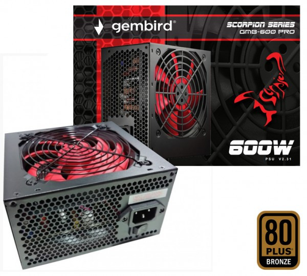 GMB-600-PRO* Gembird napajanje 600W 80+BRONZE, PFC,12cm FAN, 20+4pin, 2x4pin,2x 6+2pin, 5xSATA (3299