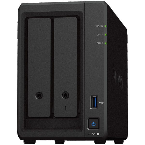 Synology DS723+, Tower, 2-Bays 3.5 SATA HDDSSD, 2 x M.2 2280 NVMe SSD, CPU AMD Ryzen R1600 dual-core (4-thread), max. boost up to 3.1 GHz,