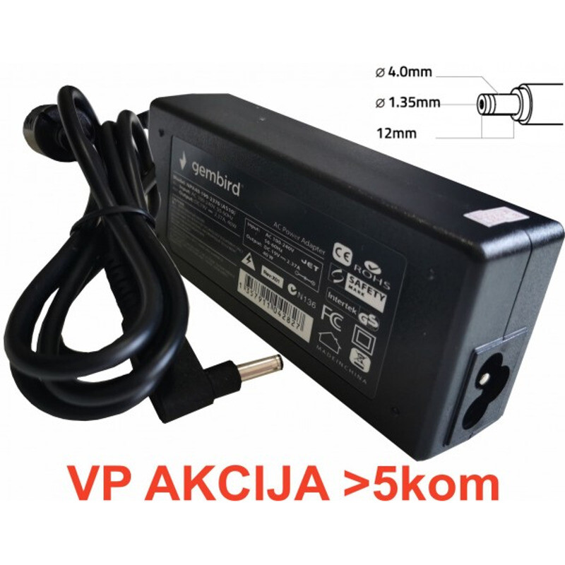 NPA65-190-3420 (AS14) ** Gembird punjac za laptop 65W-19V-3.42A, 4.0×1.35mm black (780)