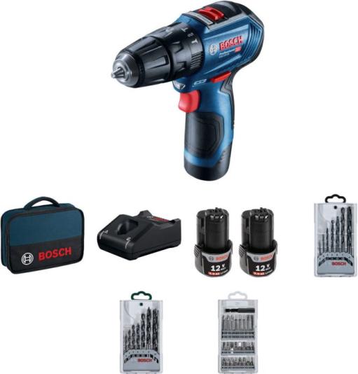 Bosch Akumulatorska vibraciona bušilica - odvrtač GSB 12V-30 + 39-delni set pribora, 2x2,0Ah