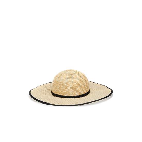 Black Beige Piping Detail Womens Straw Hat
