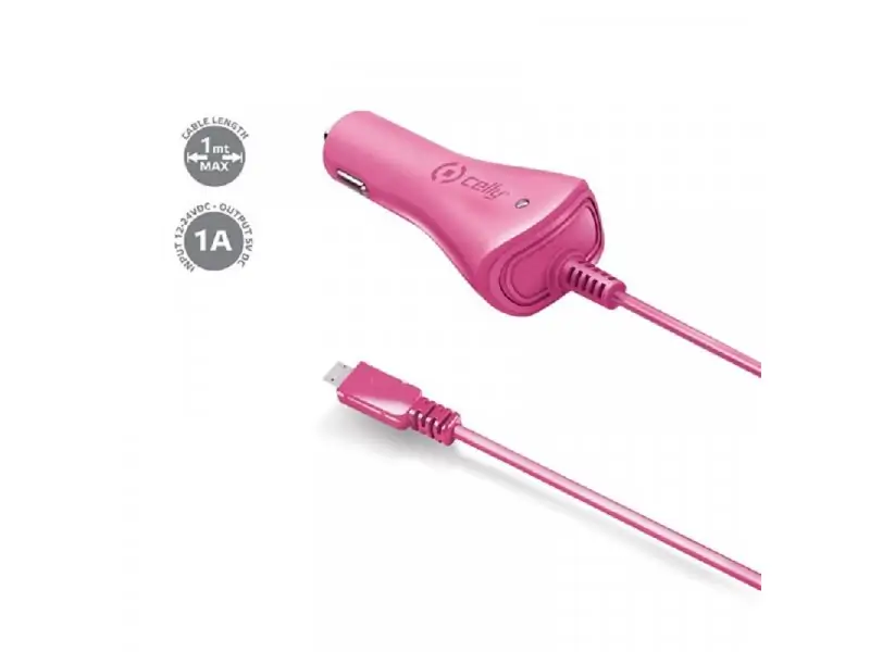 CELLY AUTO PUNJAČ SA MICROUSB KABLOM U PINK BOJI