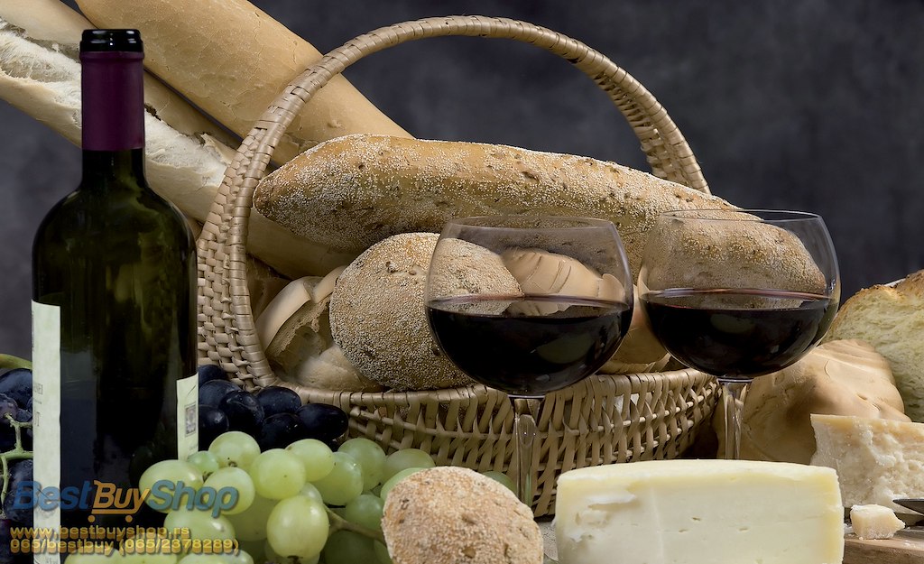 254×184 Food (Bread and wine breakfast) – Hleb-Vino-Grožđe-Trpeza – 3D fototapeta zidni mural foto tapeta