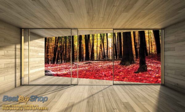 254×184 Nature (Autumn Red Forest Wooden Terrace) – Priroda – Šuma – Pogled – Jesenji motiv – 3D fototapeta zidni mural foto tapeta