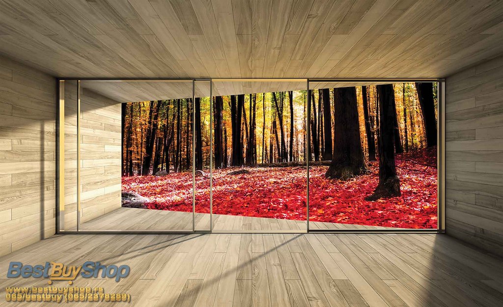 254×184 Nature (Autumn Red Forest Wooden Terrace) – Priroda – Šuma – Pogled – Jesenji motiv – 3D fototapeta zidni mural foto tapeta
