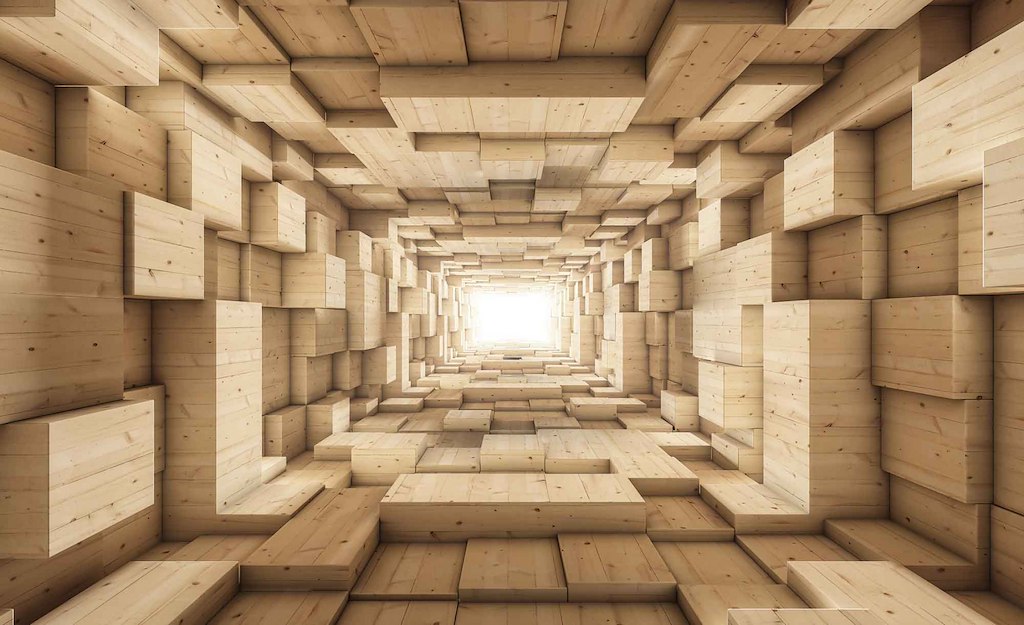 368×254 Abstraction (Wooden Boxes Tunnel) – Drveni zid – Tunel – 3D fototapeta zidni mural foto tapeta