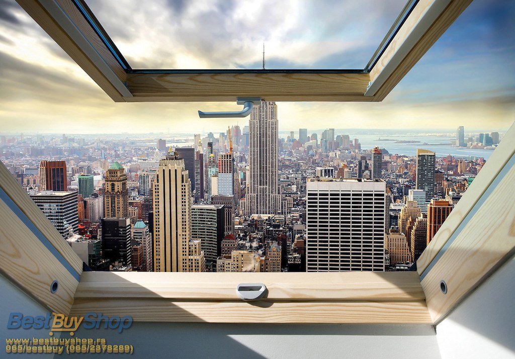 368×254 City (New York Manhattan Panorama Window) – Prozor – Pogled na grad – 3D fototapeta zidni mural foto tapeta