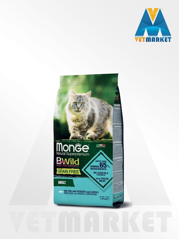 MONGE BWILD Grain Free CAT Adult bakalar/krompir/sočivo 1.5kg