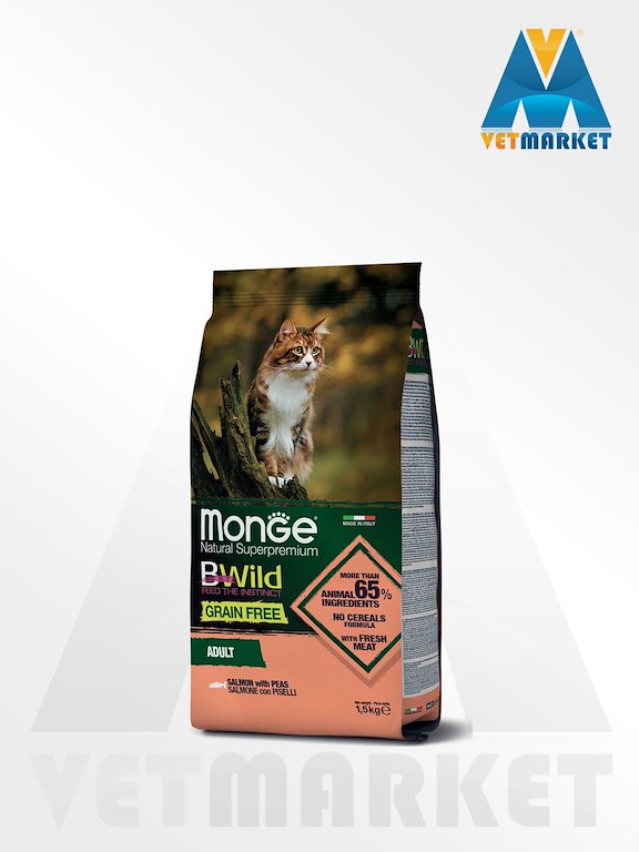 MONGE BWILD Grain Free CAT Adult losos/grašak 1.5kg