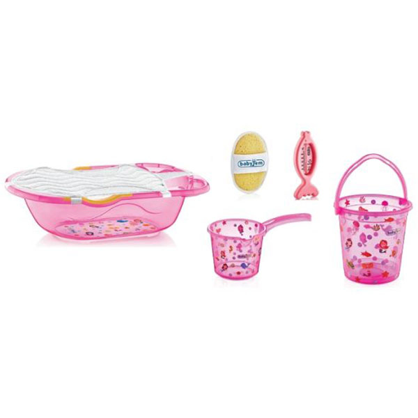 BabyJem Set za Kupanje Bebe (6 Delova) Pink (kadica, podloga,termometar, sundjer, bokal, kofica) 92-35404