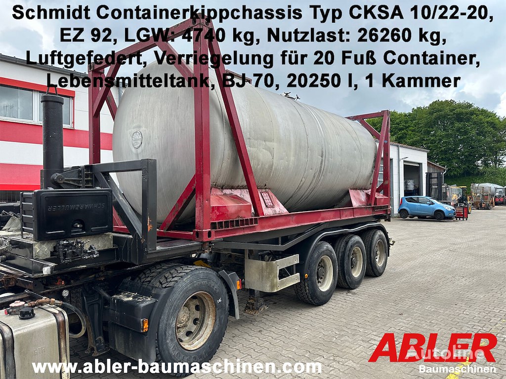 Schmidt CKSA 10/22-20 Containerkippchassis mit Lebensmitteltank poluprikolica za prevoz kontejnera