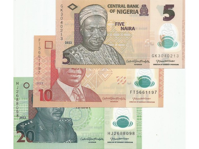 Nigeria 5 - 10 - 20 naira 2022. UNC Polimer