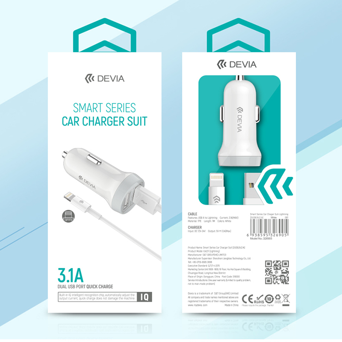 Auto punjac Devia Smart Series Car Charger Suit For Lightning (5V3.1A,2USB ) Bela