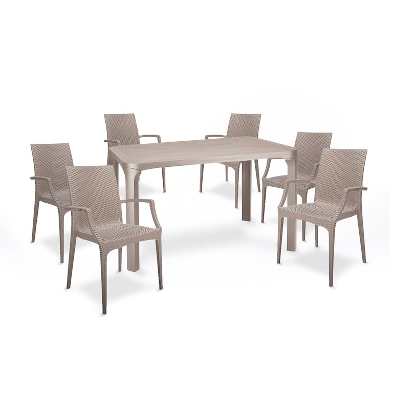 Baštenska garnitura – Duži sto + 6 Bistrot stolica – cappuccino