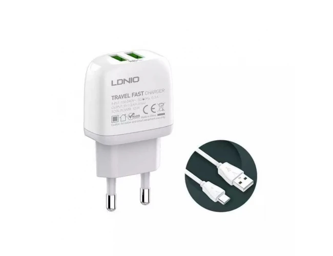 LDNIO A2219 (200965) kućni punjač 2xUSB 12W 5V 2.4A+kabl USB A (muški) na Type-C USB (muški) beli