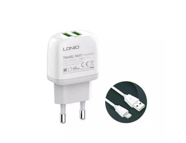 LDNIO A2219 (200964) kućni punjač 2xUSB 12W 5V 2.4A+kabl USB A (muški) na Lightning USB (muški) beli