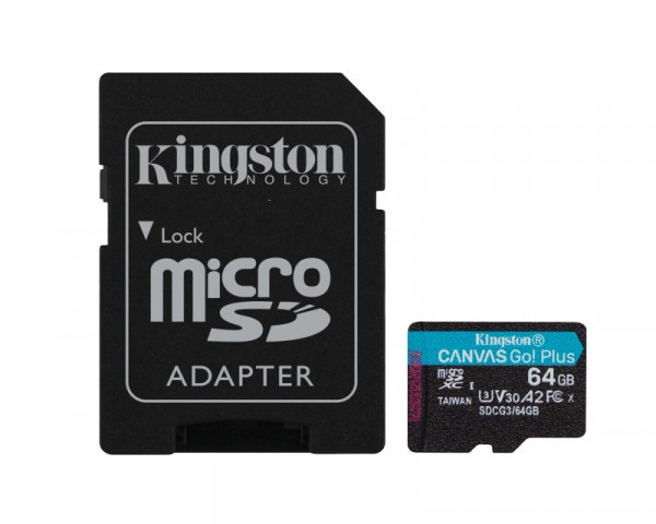 Kingston Micro SDXC 64GB SDCG3/64GB + SD Adapter; UHS-I, U3, V30, A2, Canvas Go Plus