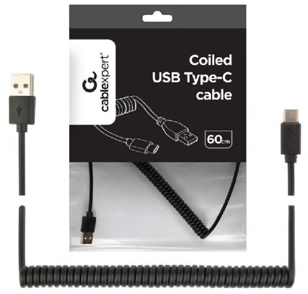 CC-USB2C-AMCM-0.6M Gembird Spiralni USB 2.0 AM na USB-C kabl, 0.6m, black