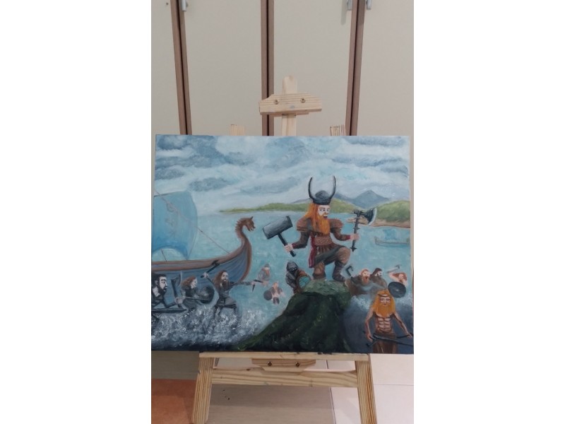 Vikinška bitka na čelu sa Thorom, 50x60, ulje na platnu