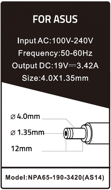 Gembird punjac za ASUS 65W-19V-3.42A, 4.0x1.35mm blackNPA65-190-3420 (AS14) (661)