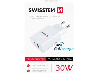 Swissten punjač 1xUSB+ 1X USB C GaN charge 30W bela
