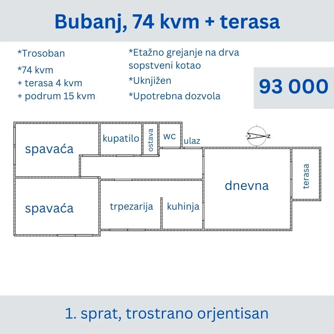 Niš, Bubanj, Trosoban, 74 kvadrata, 93000 eu