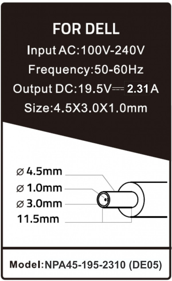 Gembird punjac za Dell 45W-19.5V-2.31A, 4.5x3.0mmNPA45-195-2310 (DE05) Black PIN (819 Alt=DE07
