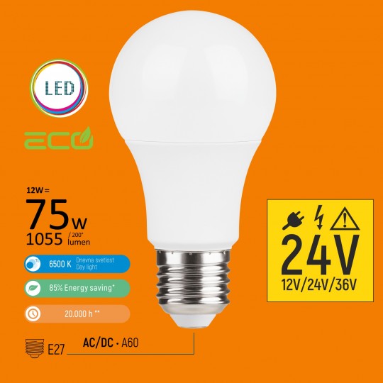 E27 12V/24V/36V 12W A60 6500K LED ECO sijalica AC/DC Mitea Lighting