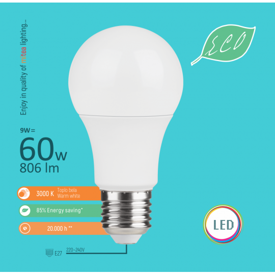 E27 9W A60 3000K LED ECO sijalica 220-240V Mitea Lighting