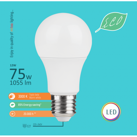 E27 12W A60 3000K LED ECO sijalica 220-240V Mitea Lighting