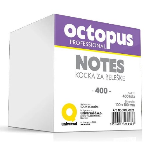 Kocka papir za beleške 10x10cm 400 lista bela 11307 Octopus UNL-0022